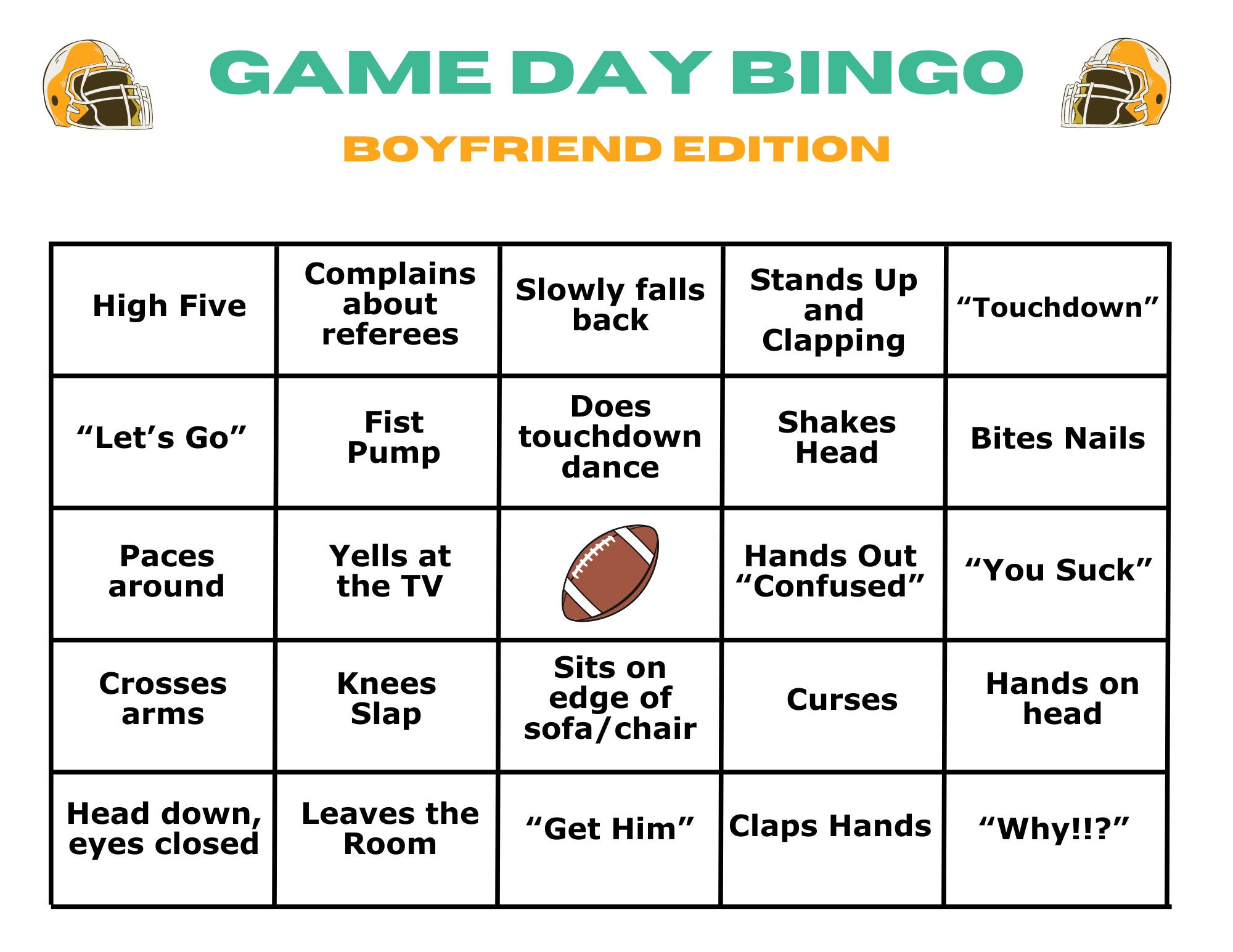 Game Day Bingo Boyfriend Edition Football Watcher Game, Bingo Cards ...