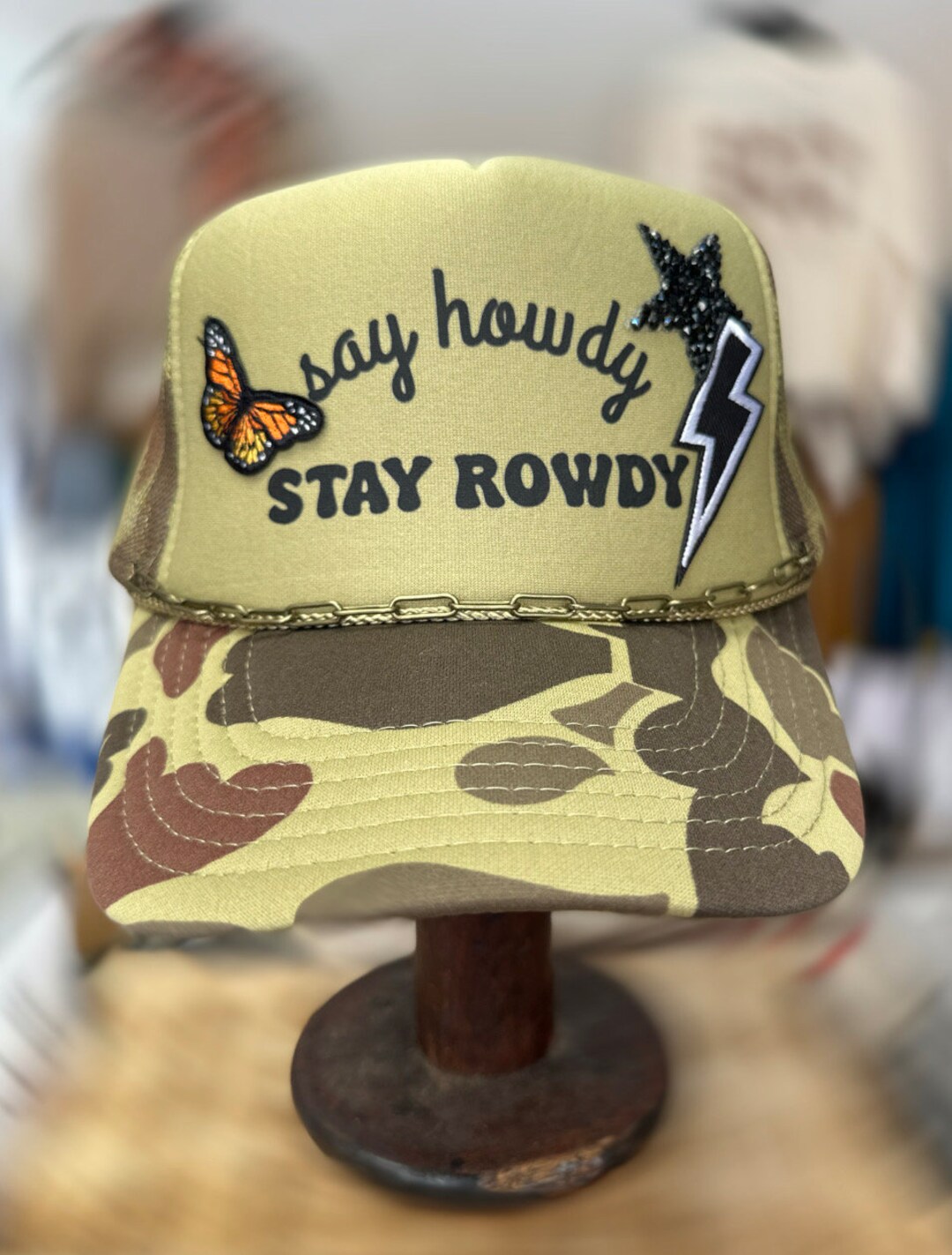 Say Howdy, Stay Rowdy, Custom Camo Trucker Cap, Patch, Lightning Bolt ...