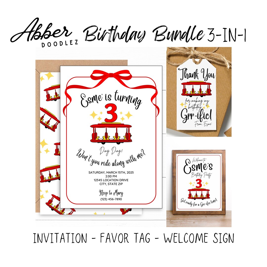 Custom Red Trolley Birthday Invitation, Any Age, Girl Red Bow, Trolley ...