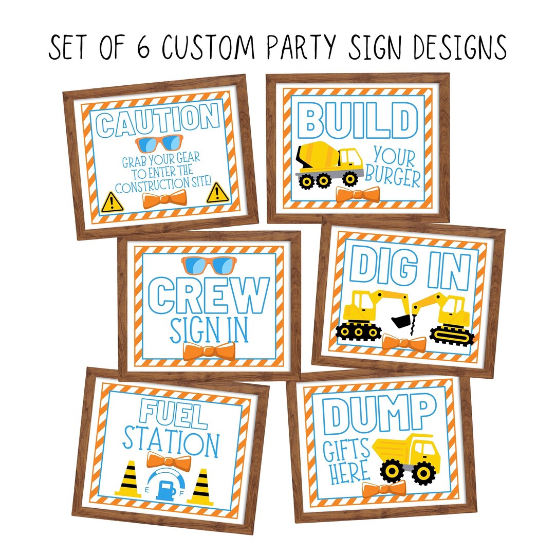 Blue and Orange Construction Birthday Signs Custom Digital Files, Orange Bow Boy Birthday Party ...