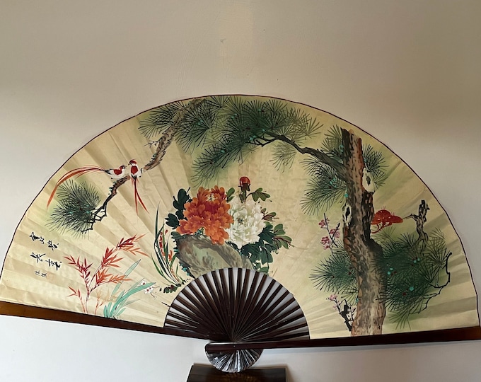 Chinese Fan Painting With Artist Seal - Vintage Large Decorative WALL ...