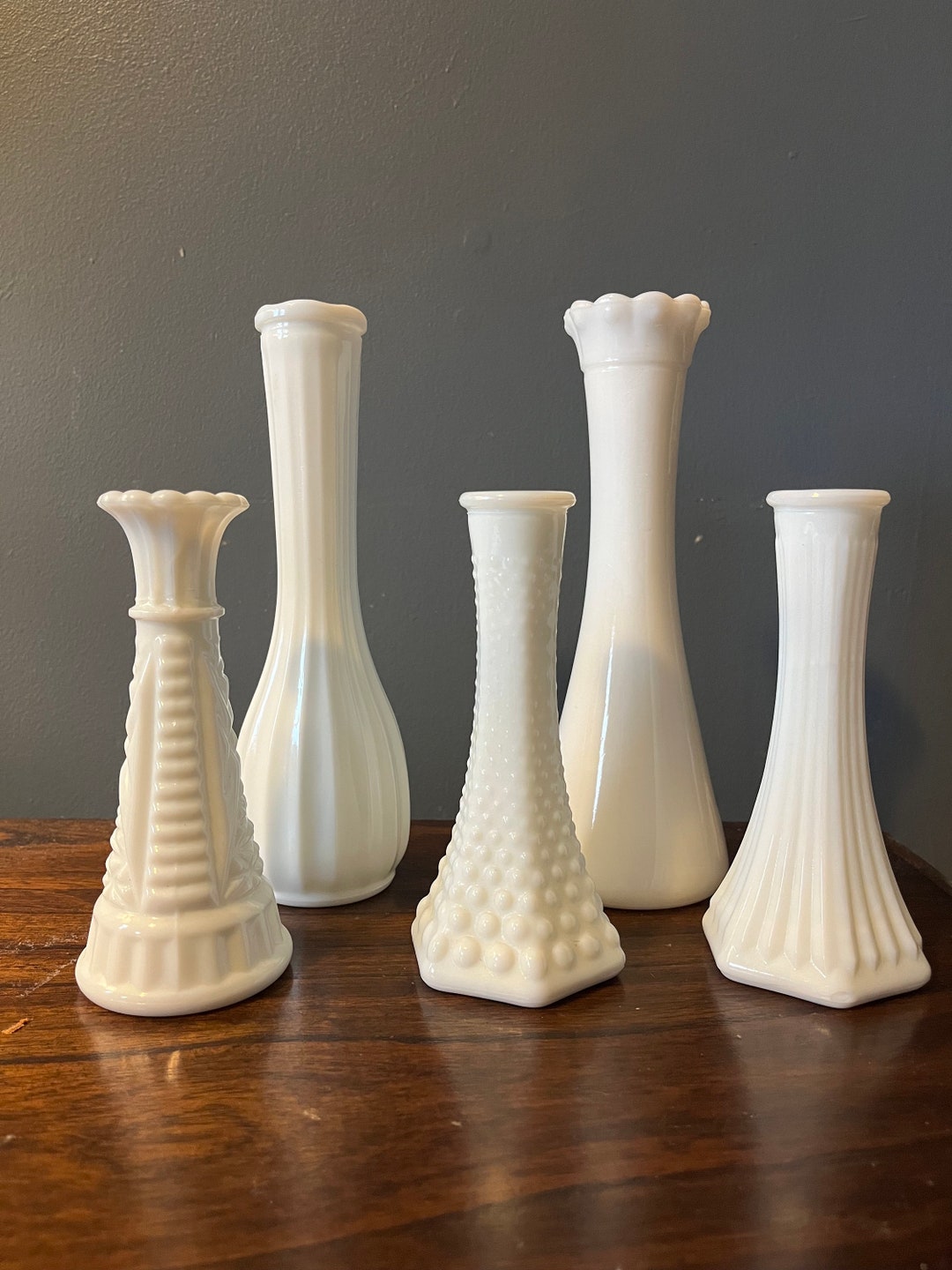 Set of 5 Vintage Milk Bud Glass Vase Lot - Milk Glass Wedding - Shabby ...
