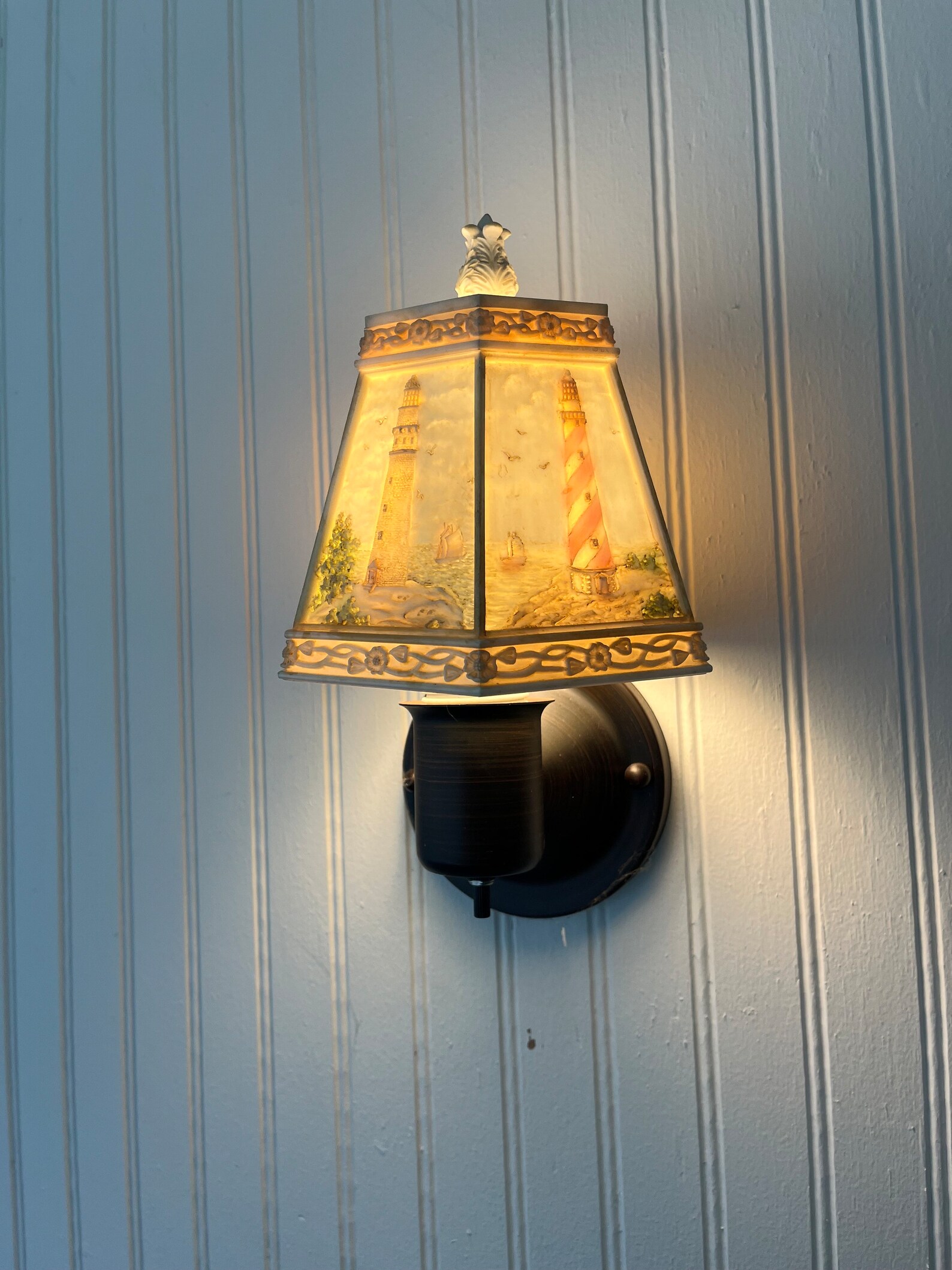 Vintage Lithophane Plastic Lamp Shade Lighthouses Hexagon Hand Painted ...