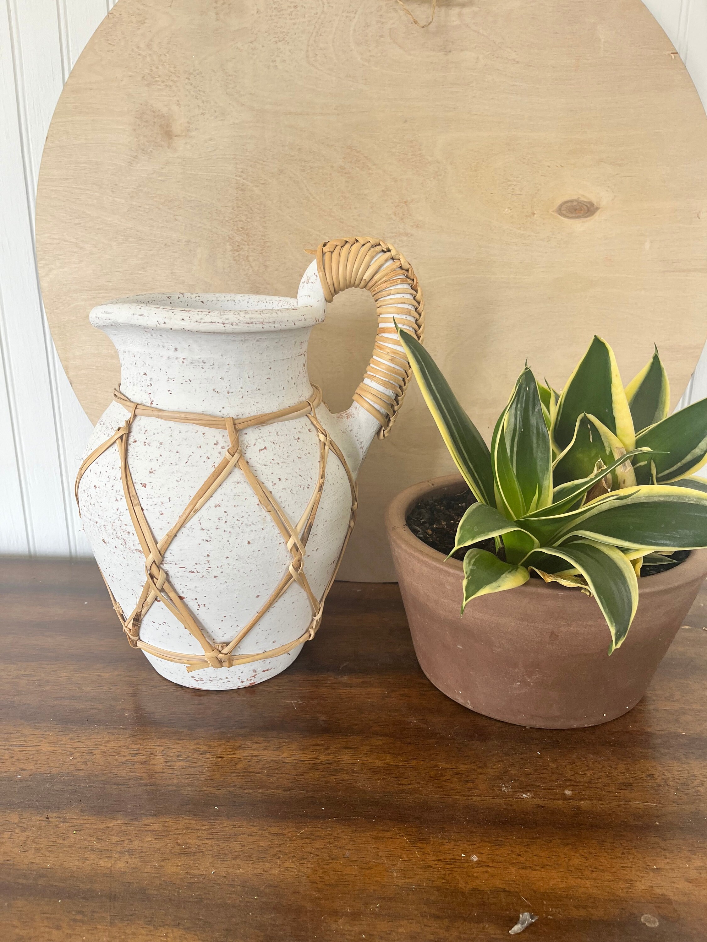 Vintage Coastal Rattan Wrapped Terra Cotta Pitcher - Handcrafted ...