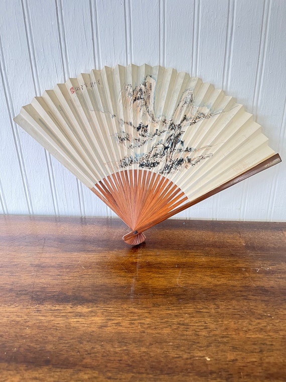 Vintage Folding Fan Black Calligraphy Red Seal - Han… - Gem