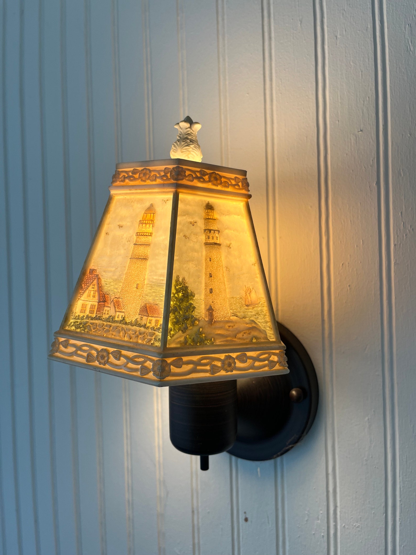 Vintage Lithophane Plastic Lamp Shade Lighthouses Hexagon Hand Painted ...