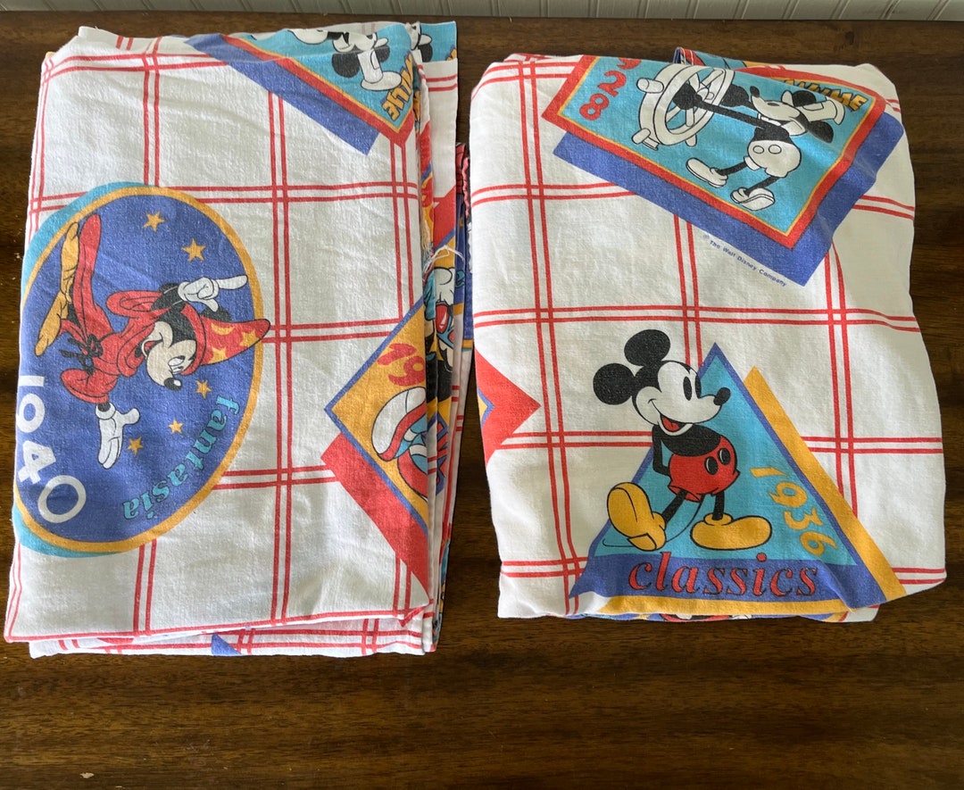 Vintage Disney Mickey Mouse Flannel Flat and Fitted Twin Bed Sheet Set ...