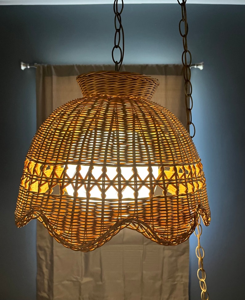 Vintage Wicker Hanging Swag Light, Cottage Decor, Sunroom, Wicker Decor ...
