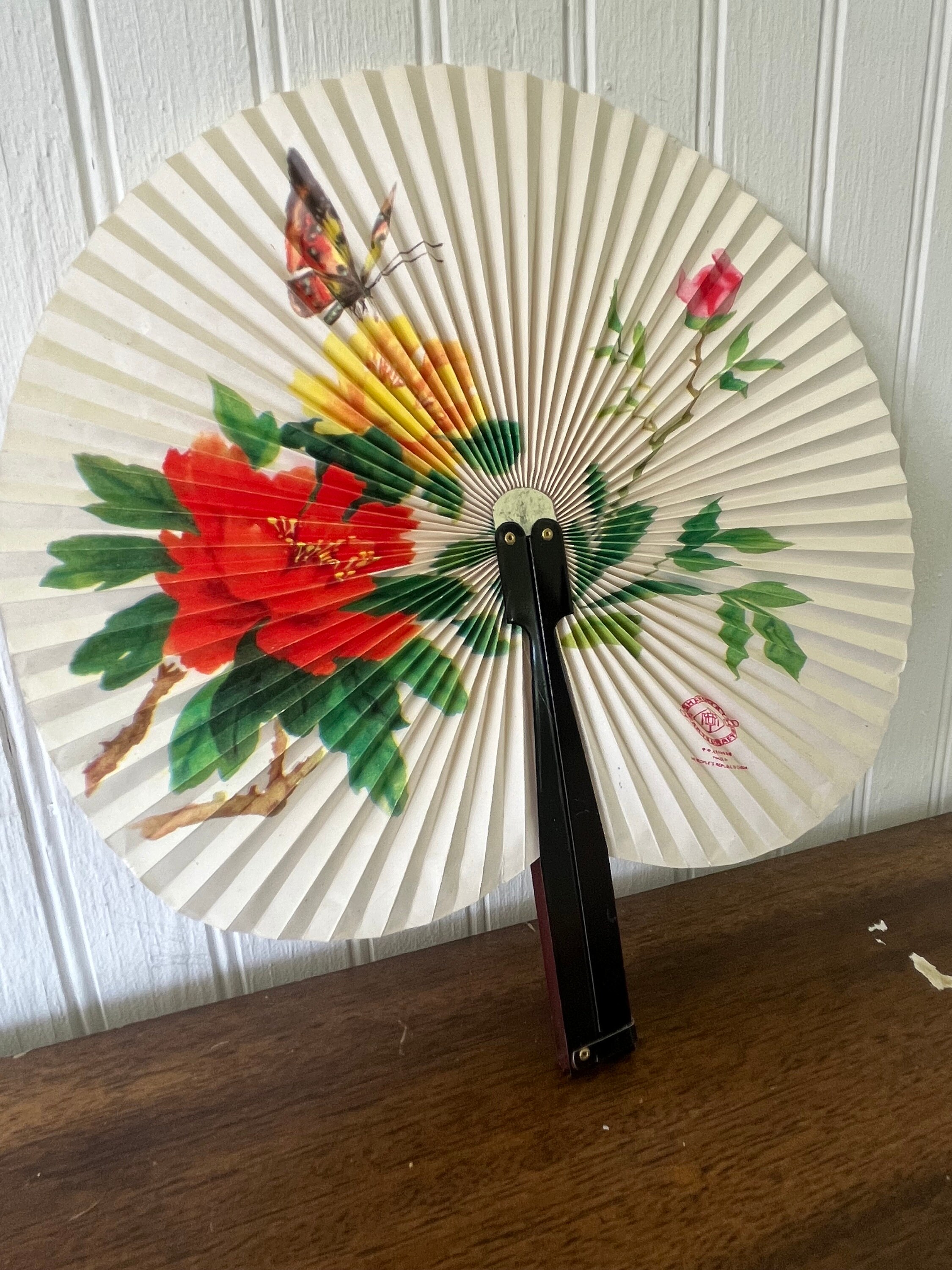Vintage Chinese Paper Hand Fans Butterfly Flowers Roses Branches - Made ...