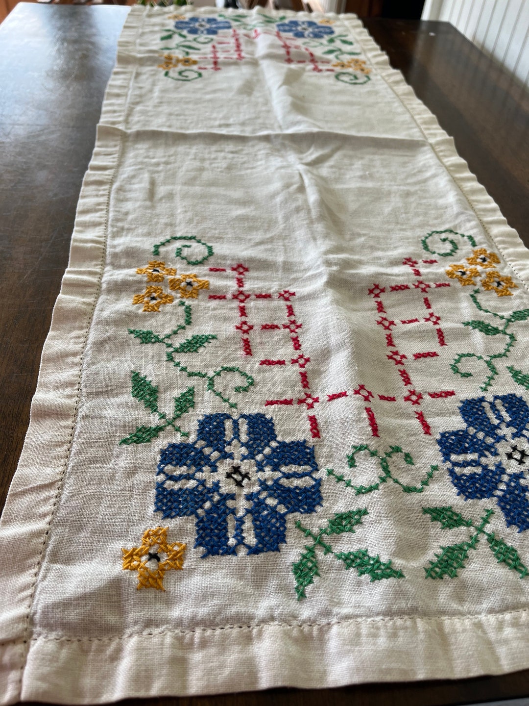 Vintage Cross Stitch Table Runner - 3 Feet Long - COLORFUL FLORALS ...