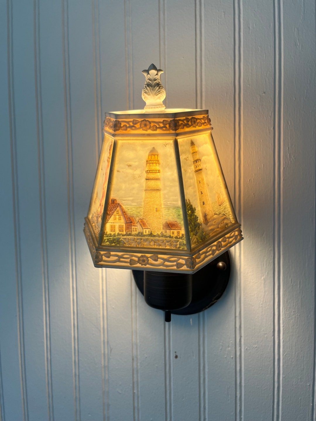 Vintage Lithophane Plastic Lamp Shade Lighthouses Hexagon Hand Painted ...
