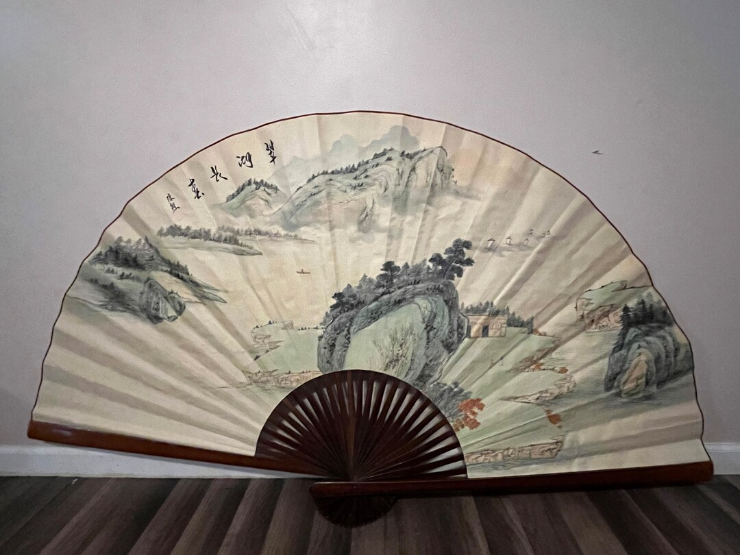 Chinese Fan Painting With Artist Seal Vintage Large Decorative WALL FAN ...
