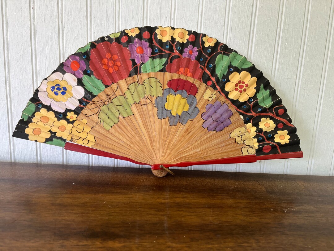 1950s Folding Hand Fan Vintage Floral Wooden Paper Fold up Hand Fan ...
