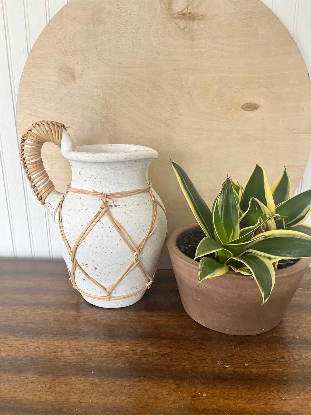 Vintage Coastal Rattan Wrapped Terra Cotta Pitcher Handcrafted Elegance ...