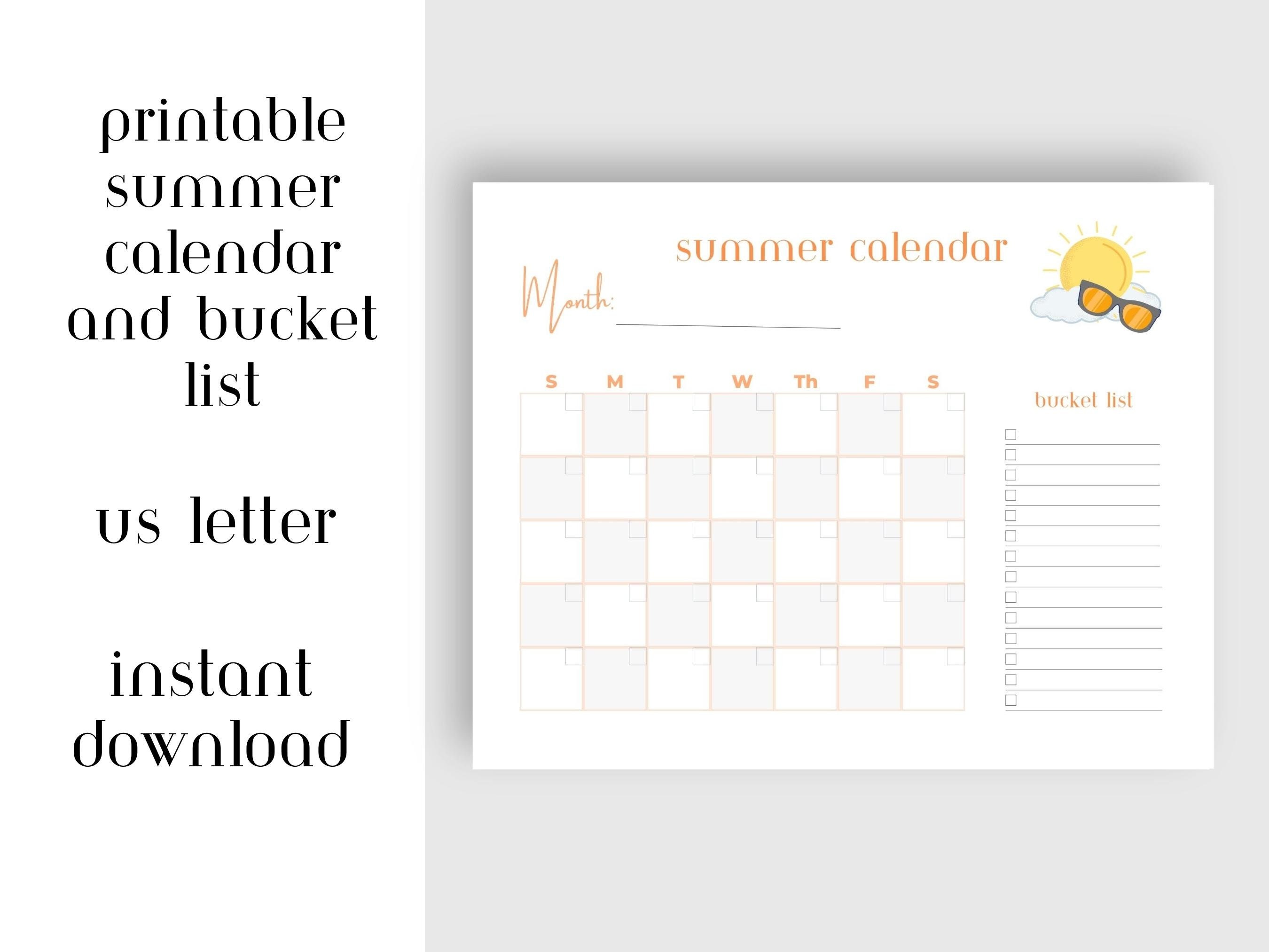 Summer Calendar Printable PDF | A Fun Bucket List and Schedule Tracker ...