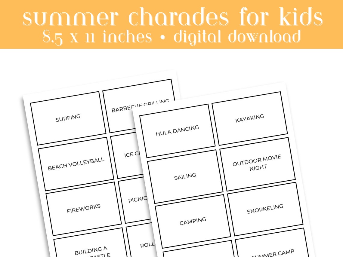 Printable Summer Charades for Kids Sunshine Charades Summer Break ...