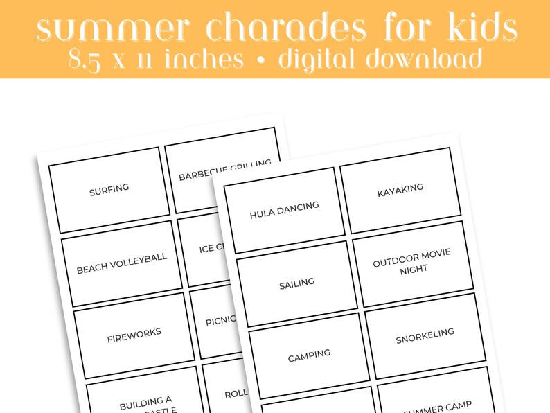Printable Summer Charades for Kids | Sunshine Charades | Summer Break ...