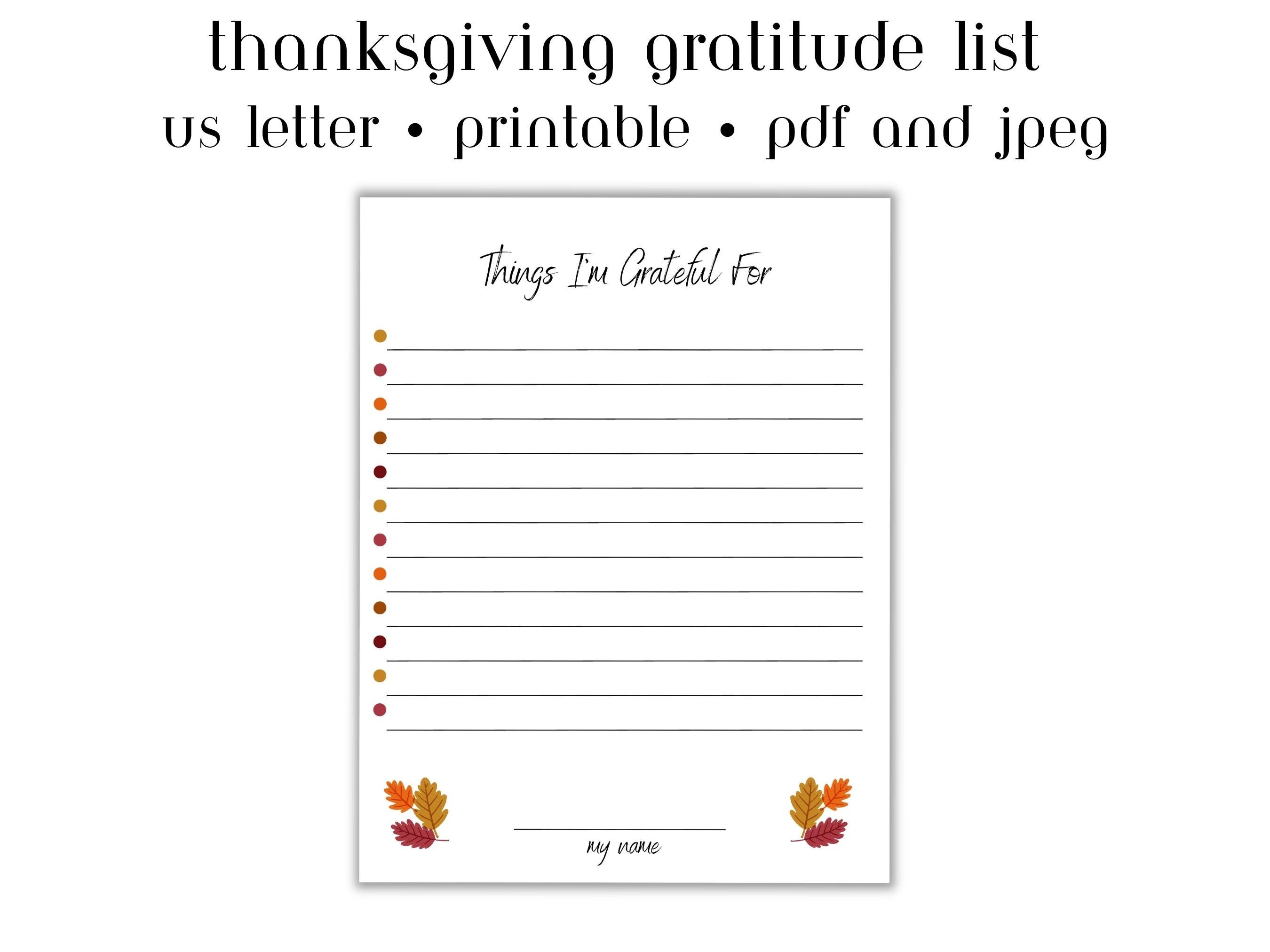 Printable Thanksgiving Gratitude List | Gratitude and Mindfulness ...