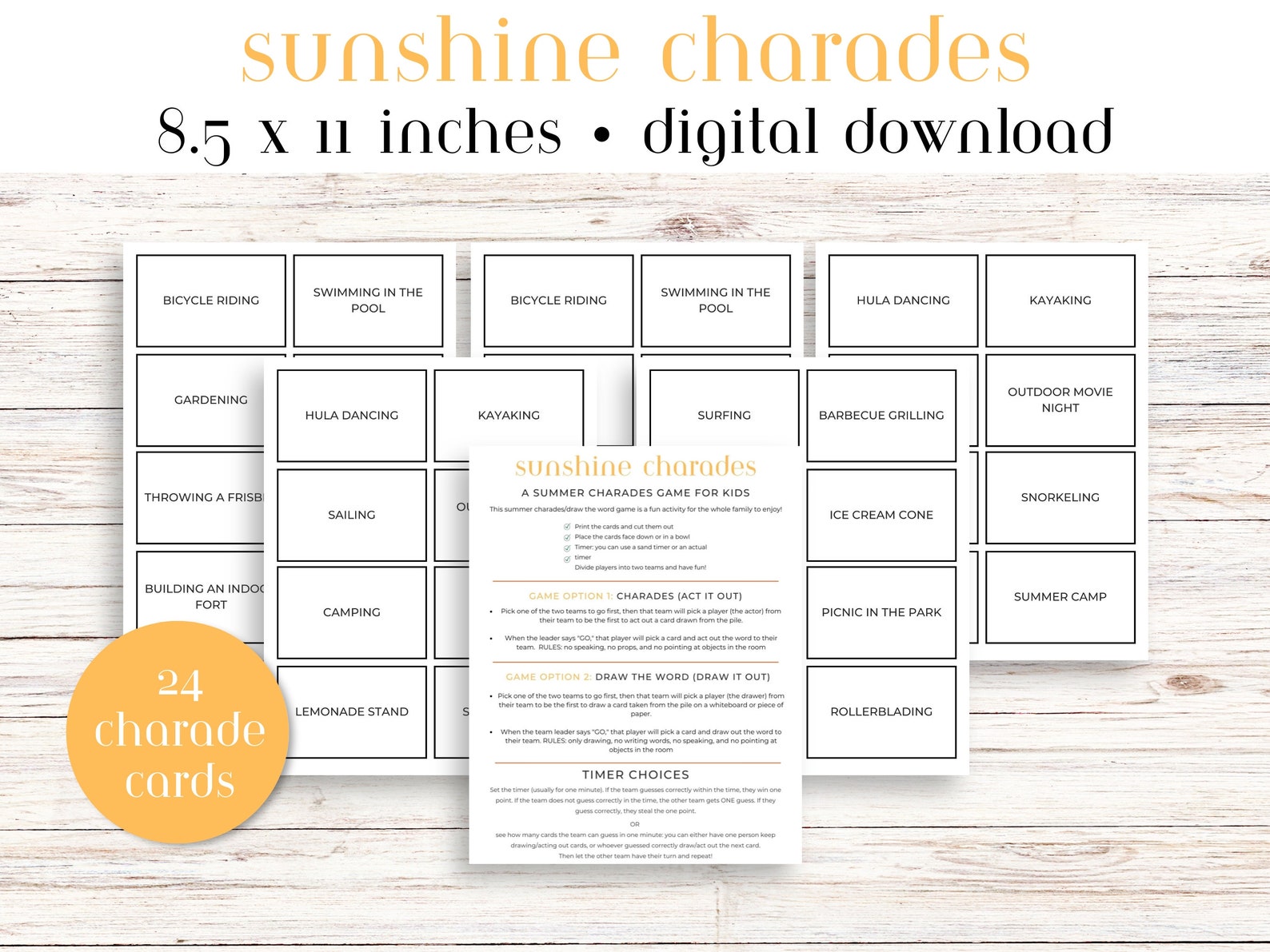 Printable Summer Charades for Kids | Sunshine Charades | Summer Break ...