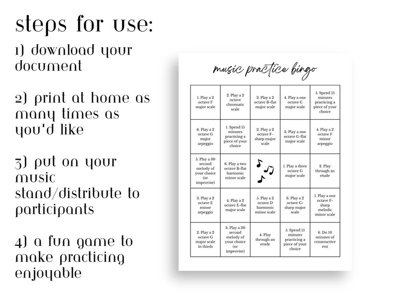 Music Practice Bingo | Printable Bingo Game With Instructions and Pre ...