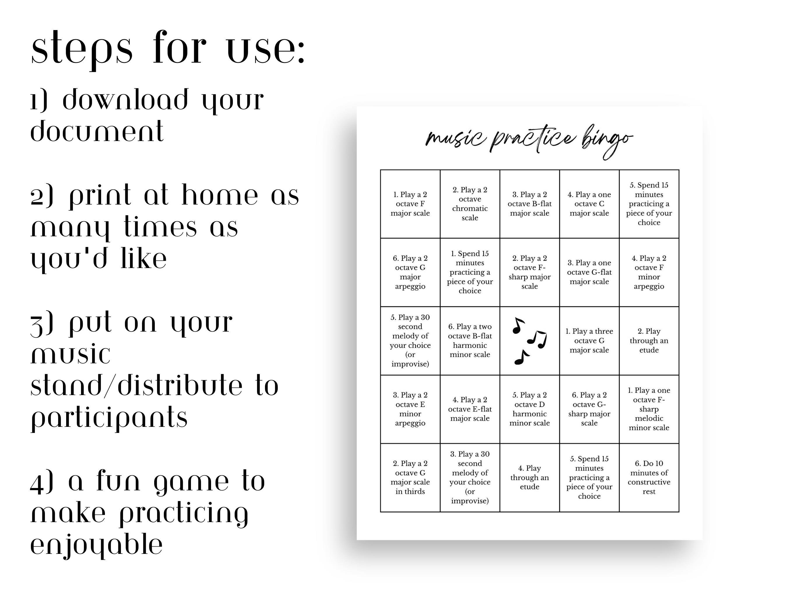 Music Practice Bingo | Printable Bingo Game With Instructions and Pre ...