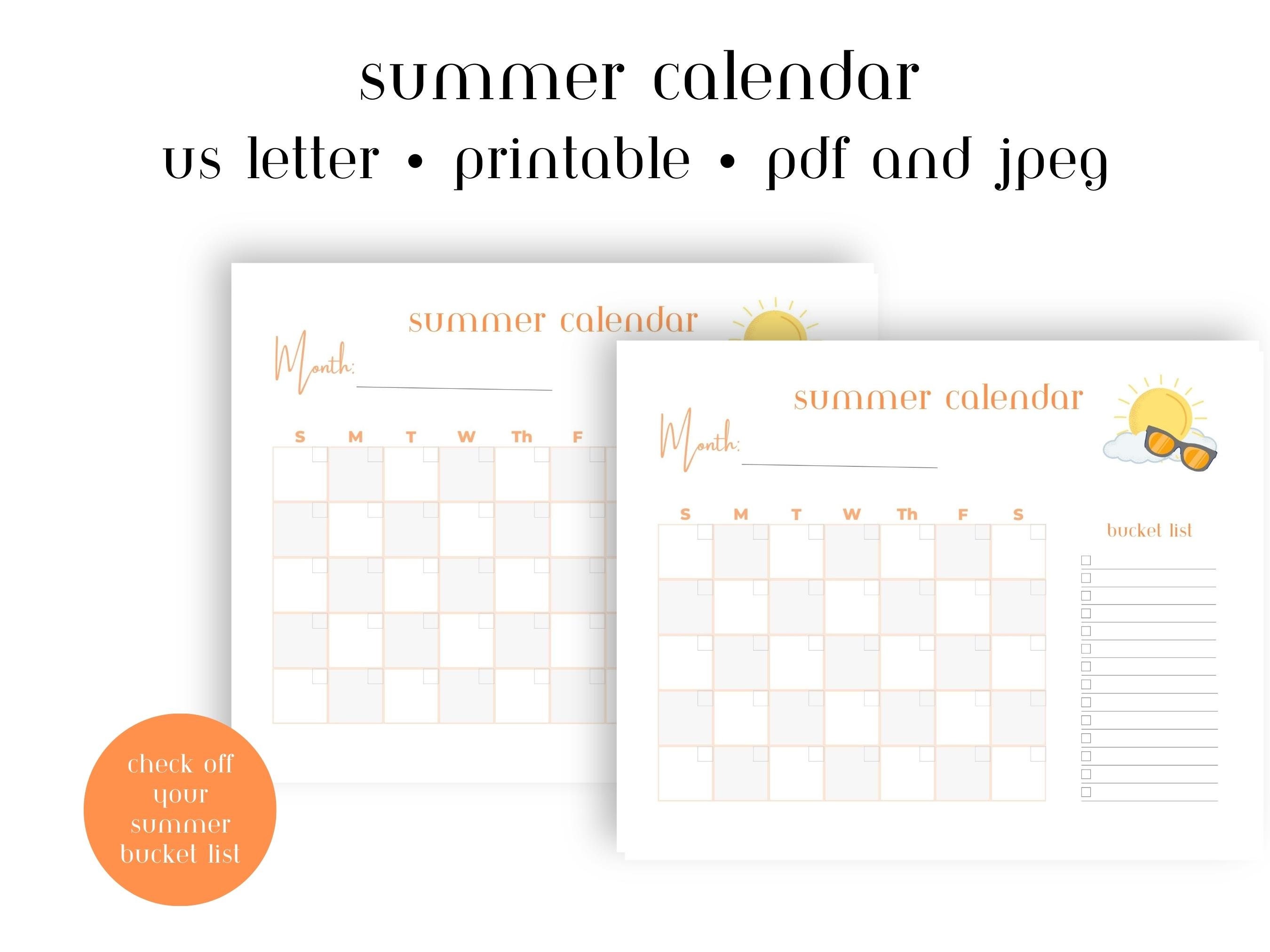 Summer Calendar Printable PDF | A Fun Bucket List and Schedule Tracker ...