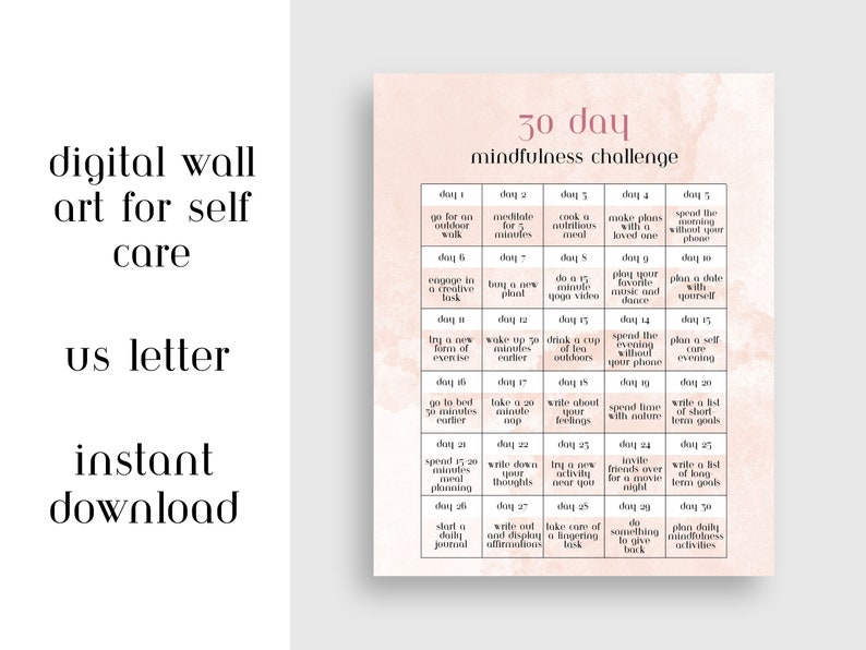 30 Days of Mindfulness Challenge Poster | Self Care Activity ...