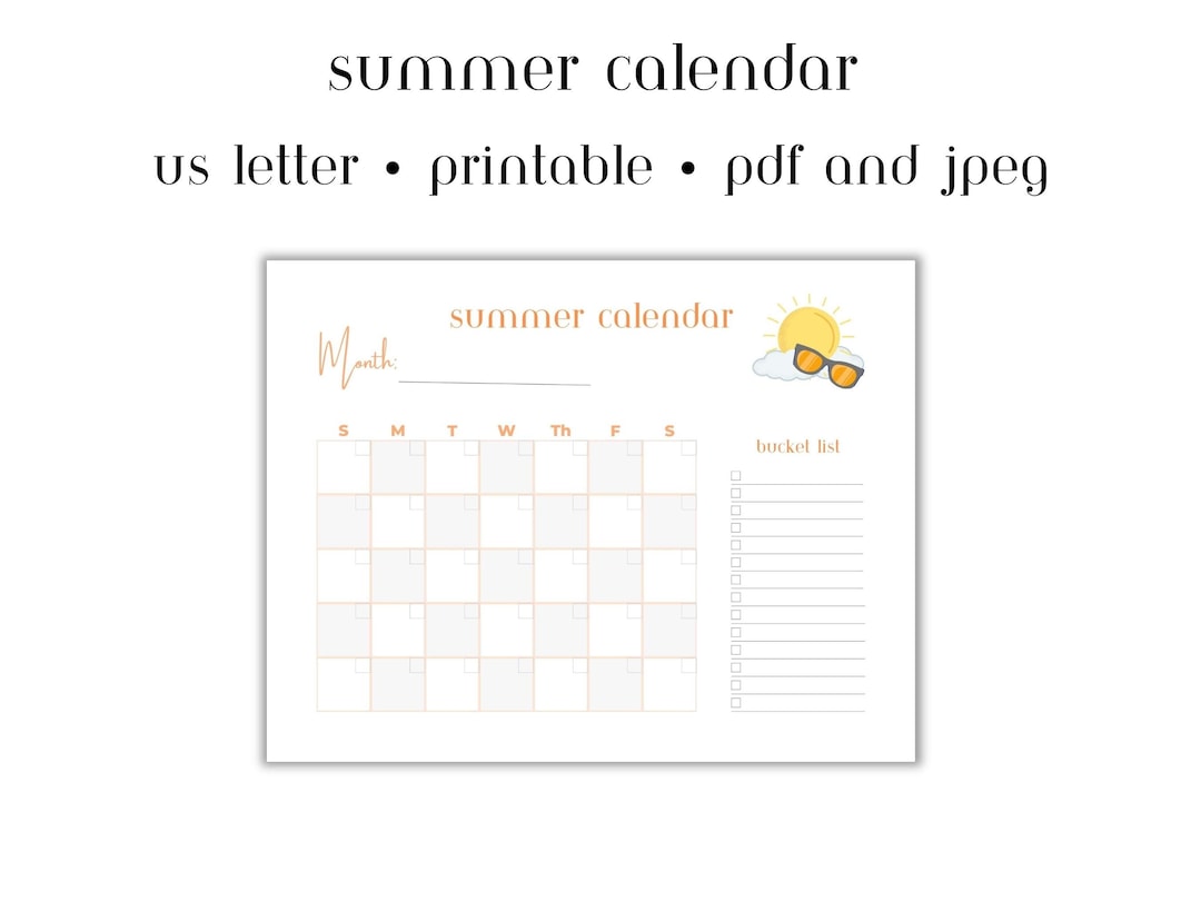 Summer Calendar Printable PDF | A Fun Bucket List and Schedule Tracker ...