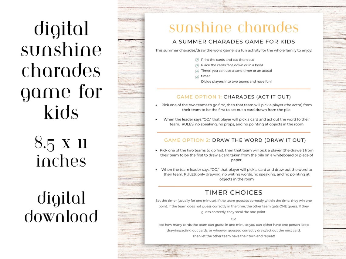Printable Summer Charades for Kids Sunshine Charades Summer Break ...