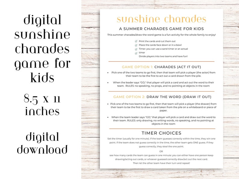Printable Summer Charades for Kids | Sunshine Charades | Summer Break ...