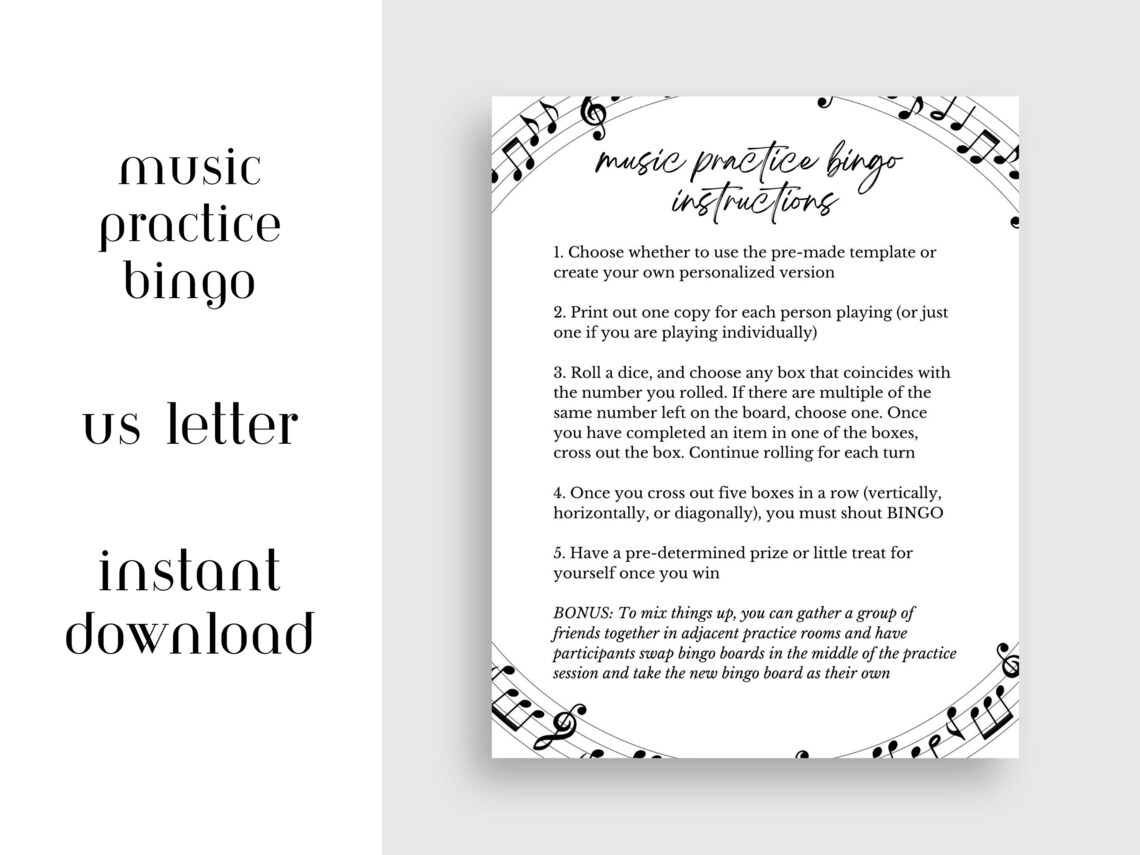Music Practice Bingo Printable Bingo Game With Instructions and Pre ...