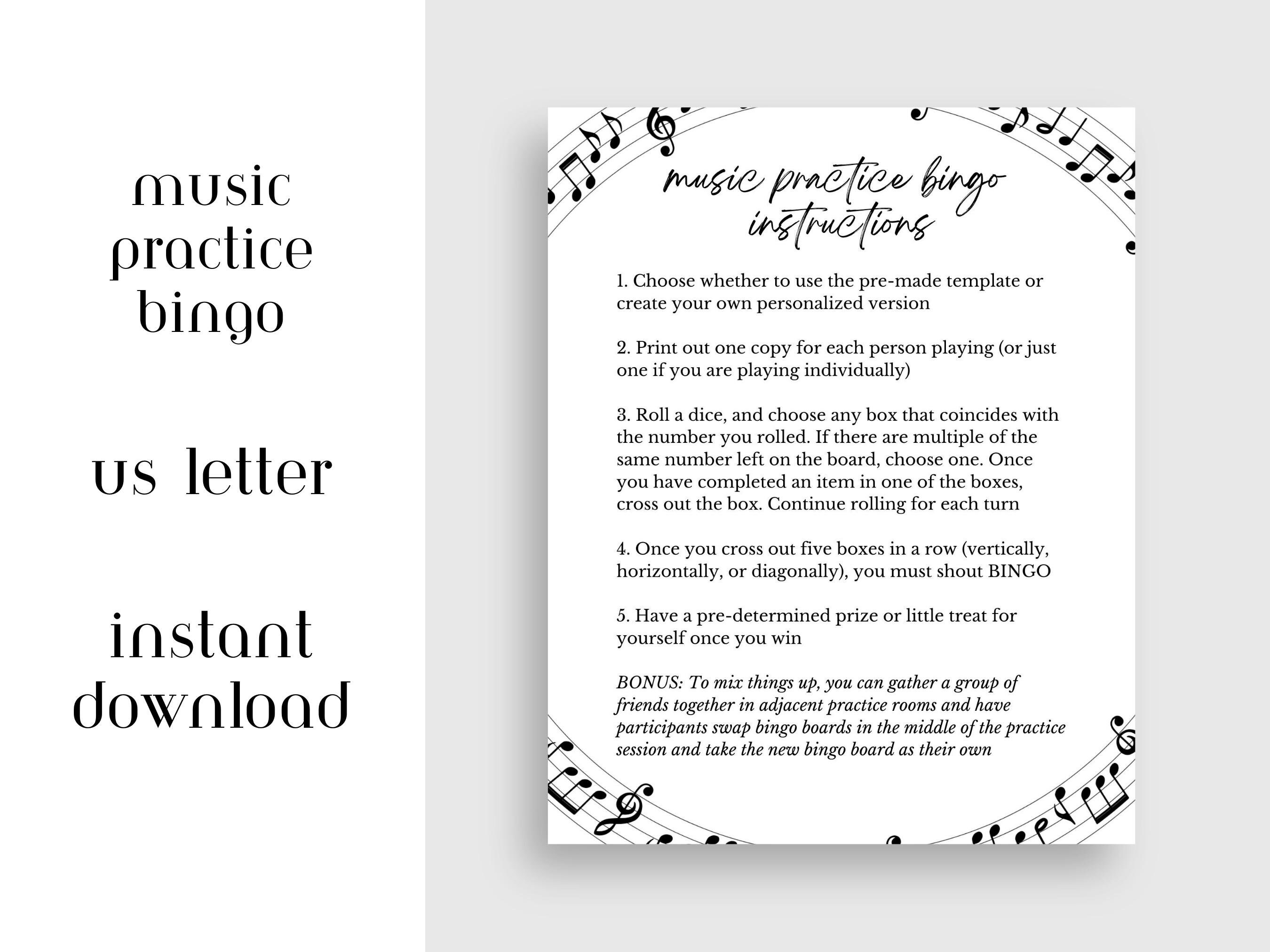 Music Practice Bingo | Printable Bingo Game With Instructions and Pre ...