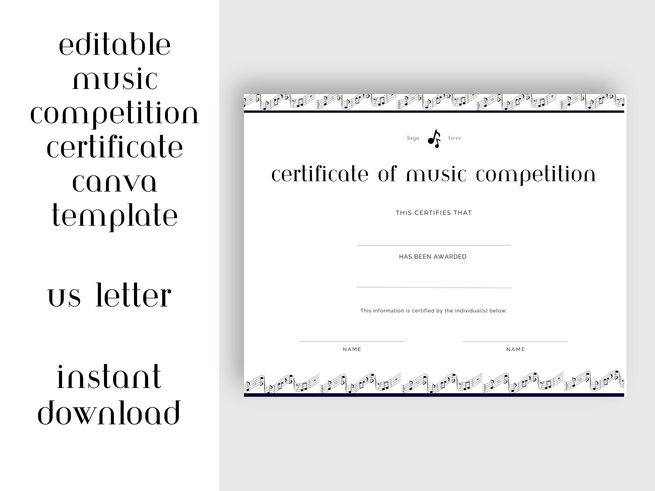 Music Competition Certificate Template | Editable Canva Certificate ...