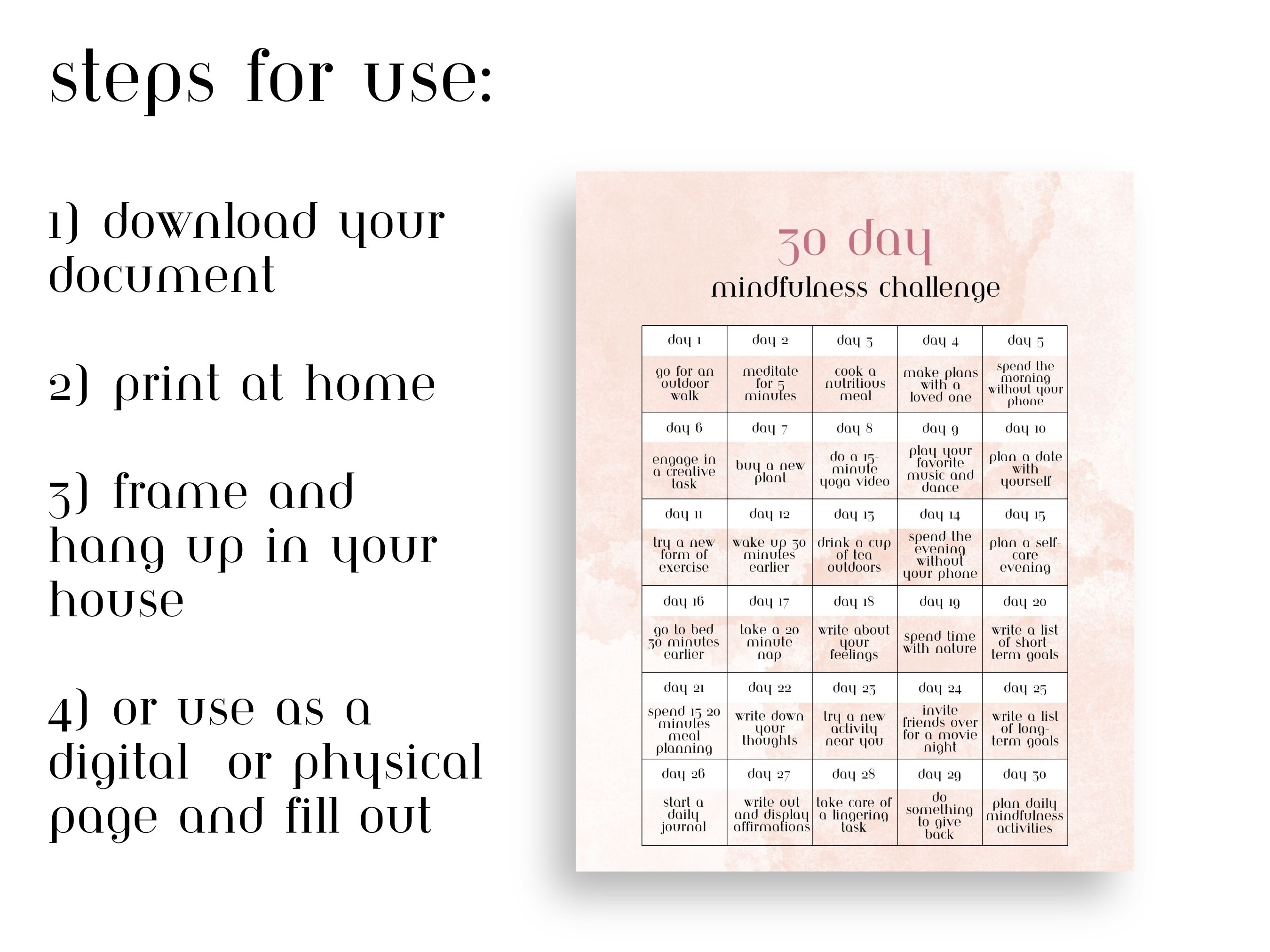 30 Days of Mindfulness Challenge Poster | Self Care Activity ...