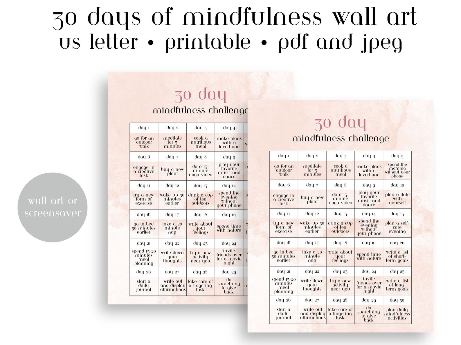 30 Days of Mindfulness Challenge Poster | Self Care Activity ...