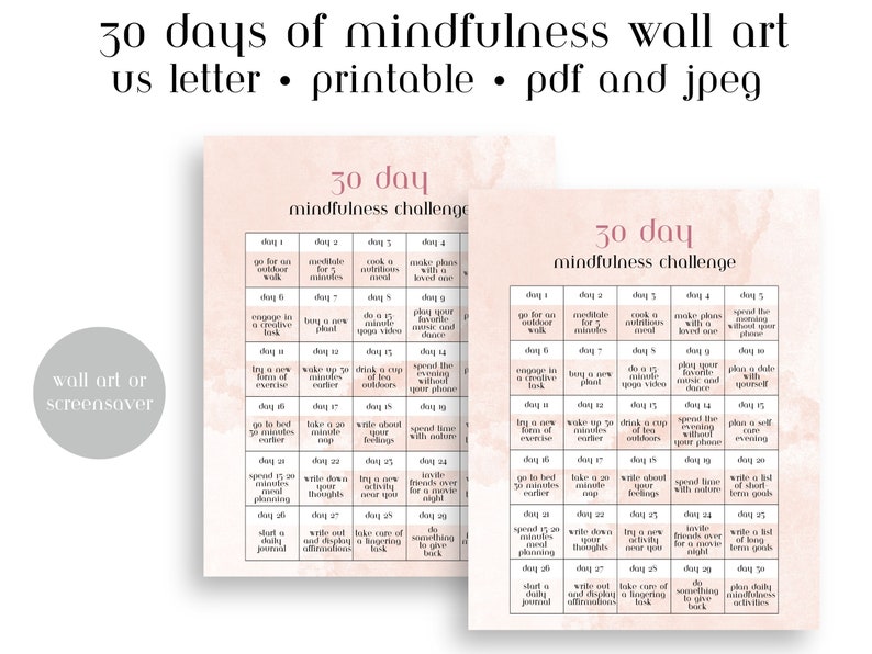 30 Days of Mindfulness Challenge Poster | Self Care Activity ...