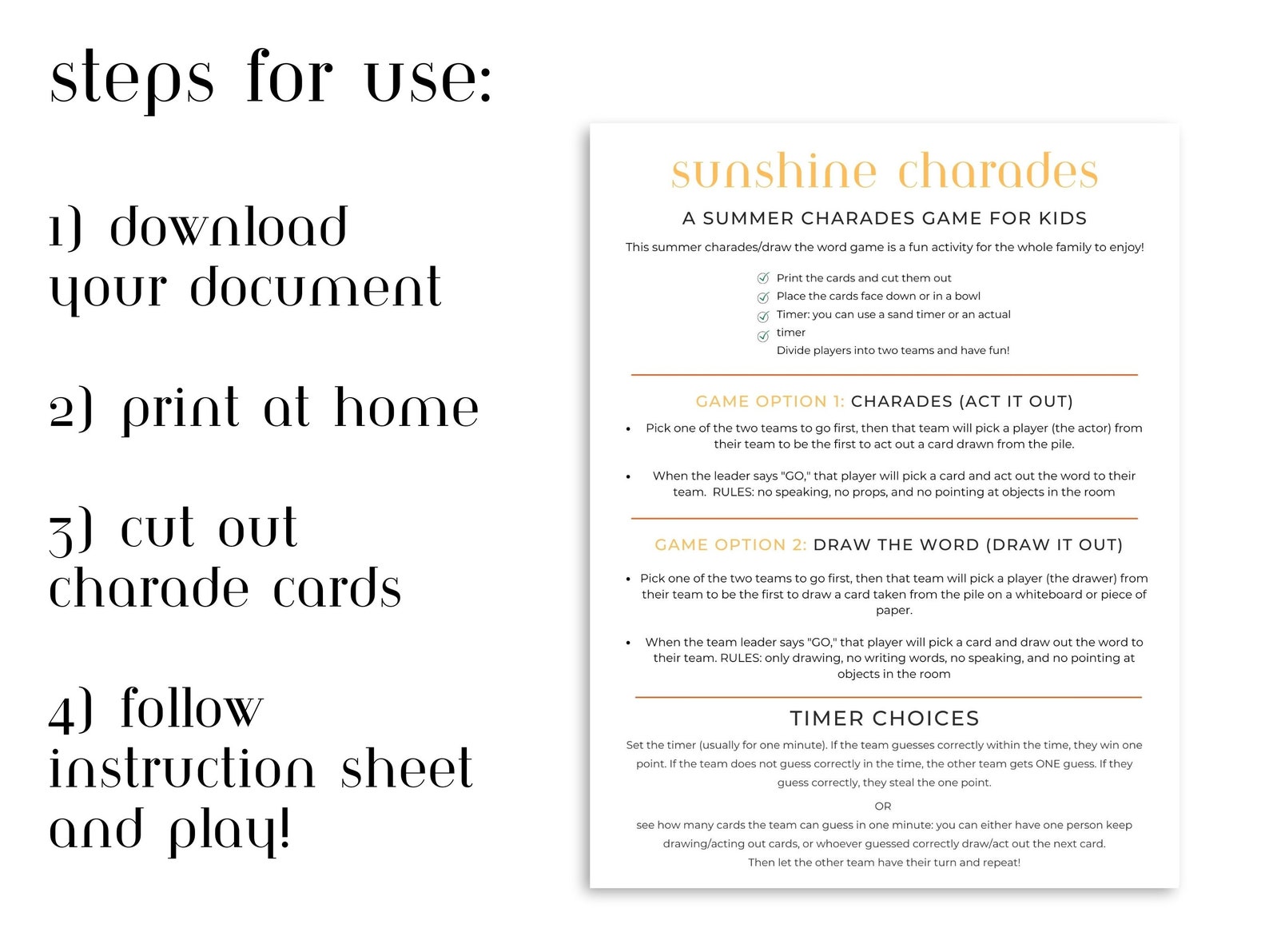 Printable Summer Charades for Kids | Sunshine Charades | Summer Break ...