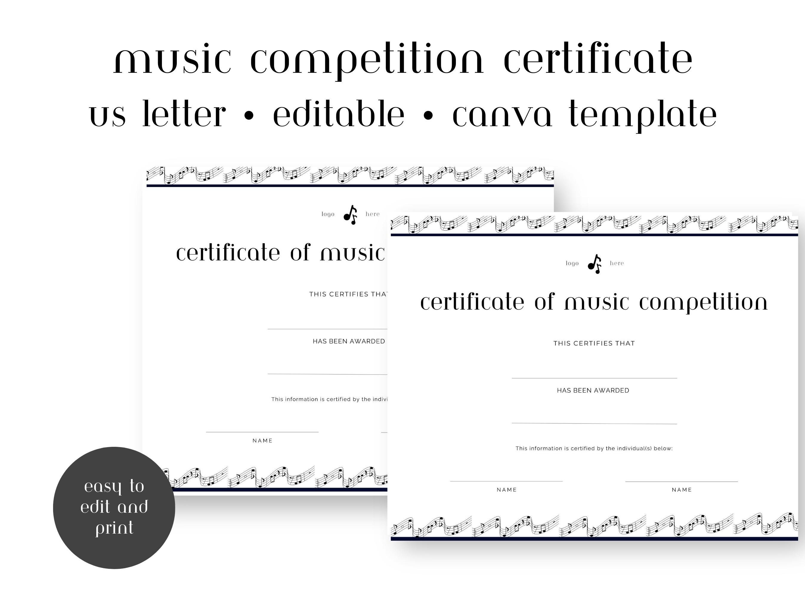 Music Competition Certificate Template | Editable Canva Certificate ...