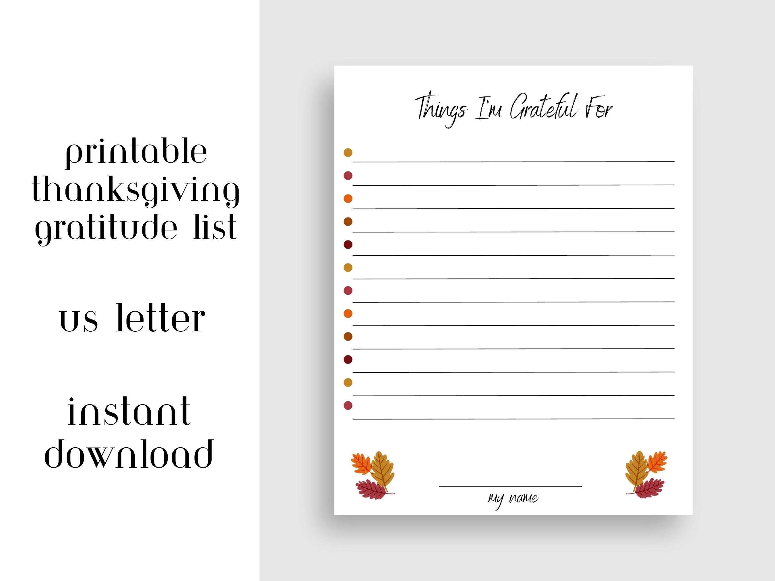 Printable Thanksgiving Gratitude List | Gratitude and Mindfulness ...
