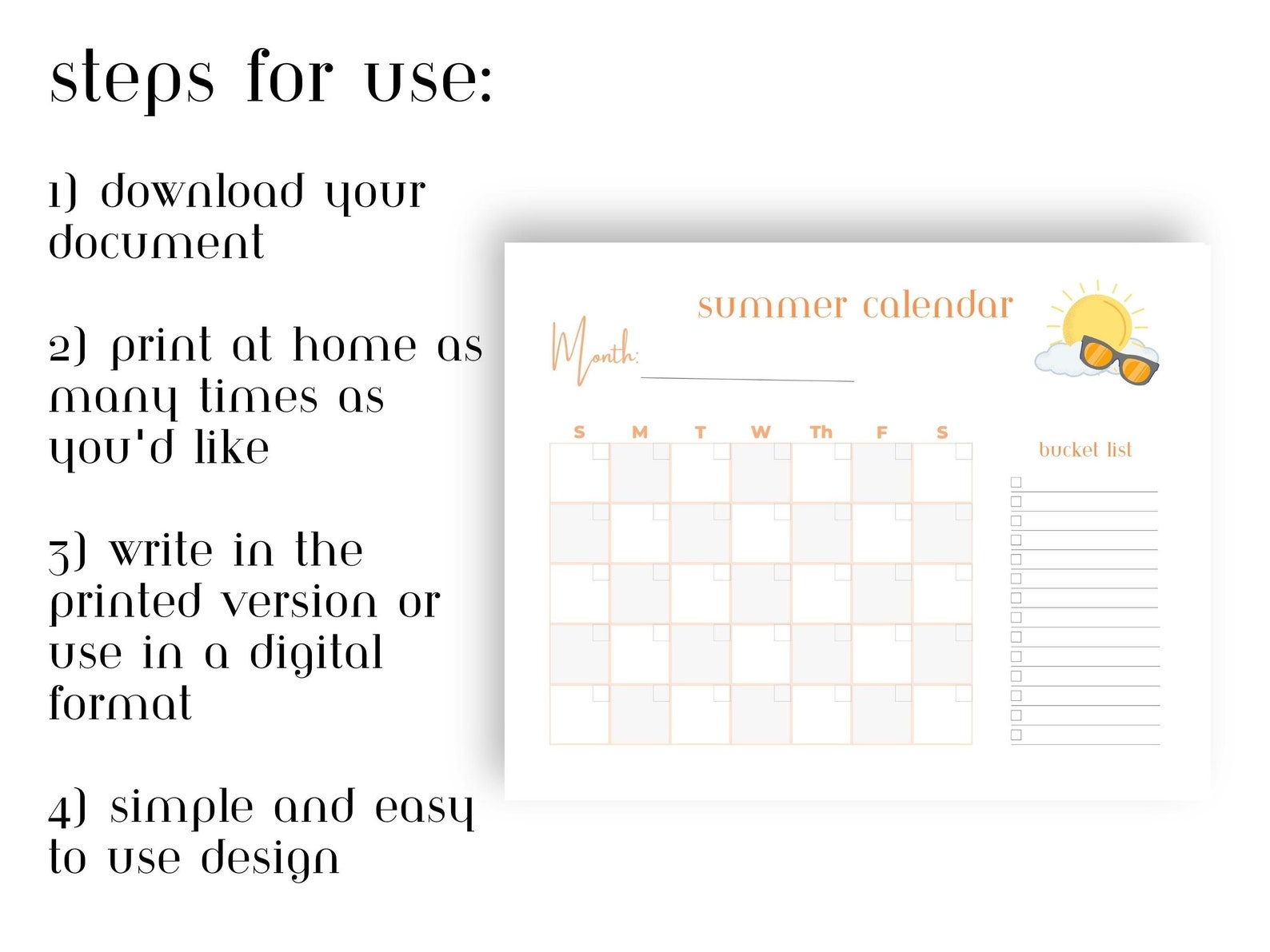 Summer Calendar Printable PDF | A Fun Bucket List and Schedule Tracker ...