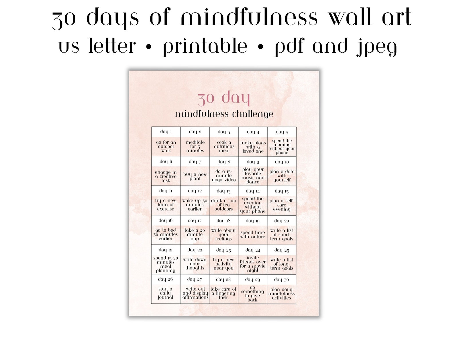 30 Days of Mindfulness Challenge Poster | Self Care Activity ...