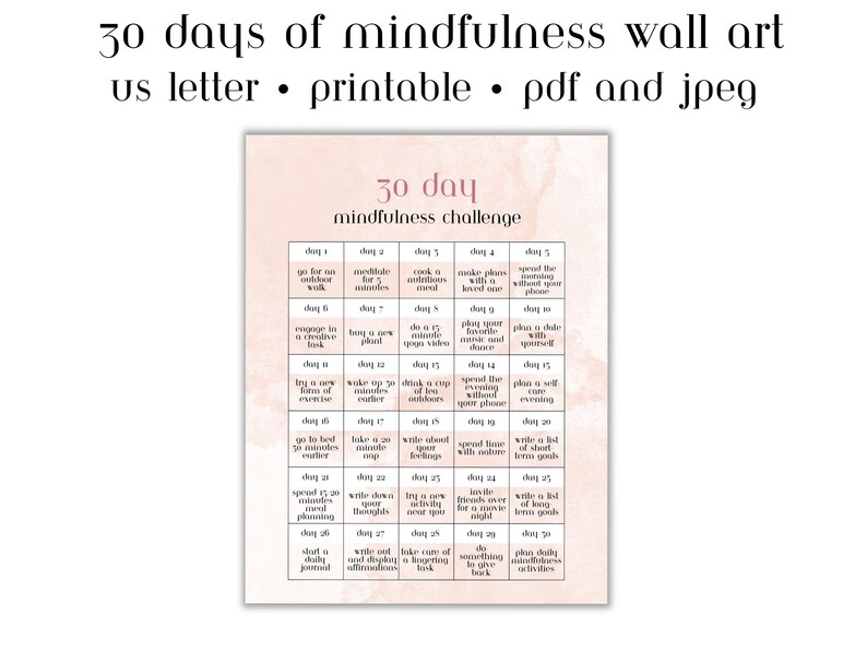 30 Days of Mindfulness Challenge Poster | Self Care Activity ...
