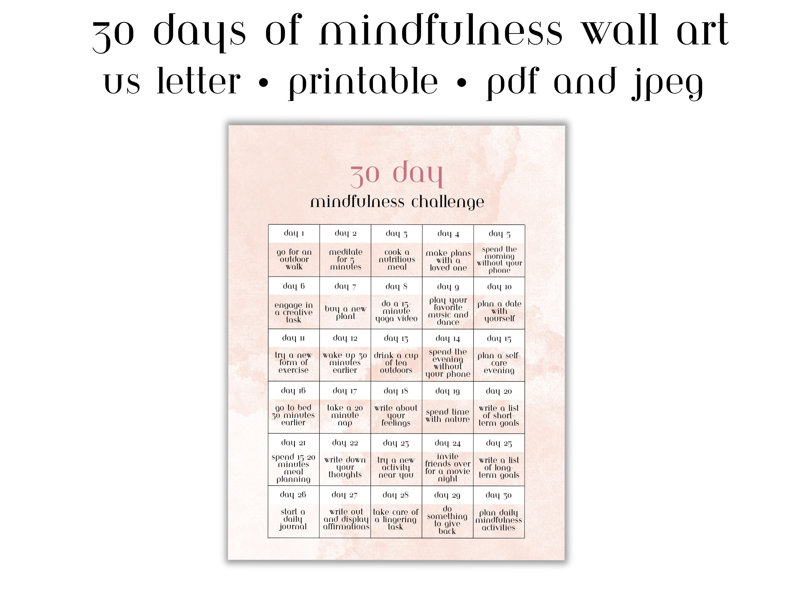 30 Days of Mindfulness Challenge Poster Self Care Activity Printable ...