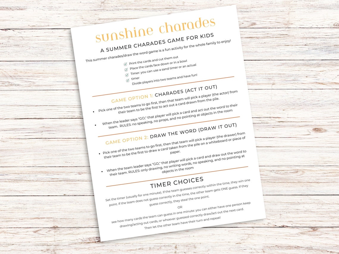 Printable Summer Charades for Kids Sunshine Charades Summer Break ...