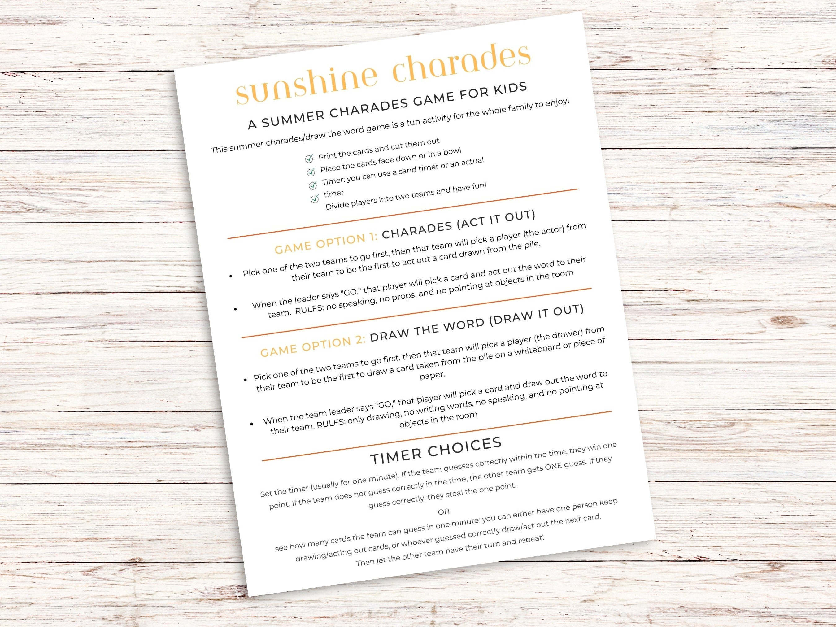 Printable Summer Charades for Kids Sunshine Charades Summer Break ...