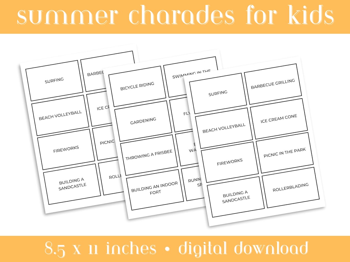 Printable Summer Charades for Kids Sunshine Charades Summer Break ...