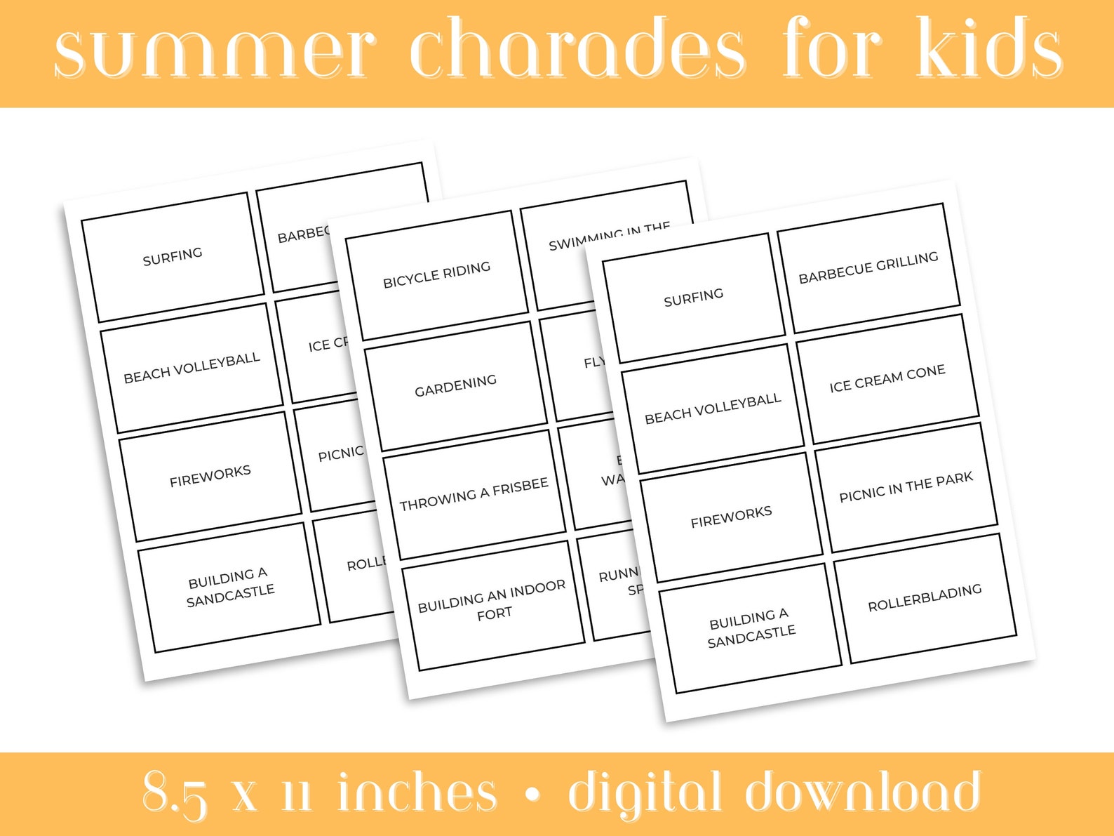 Printable Summer Charades for Kids | Sunshine Charades | Summer Break ...