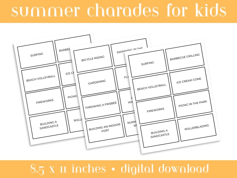 Printable Summer Charades for Kids | Sunshine Charades | Summer Break ...