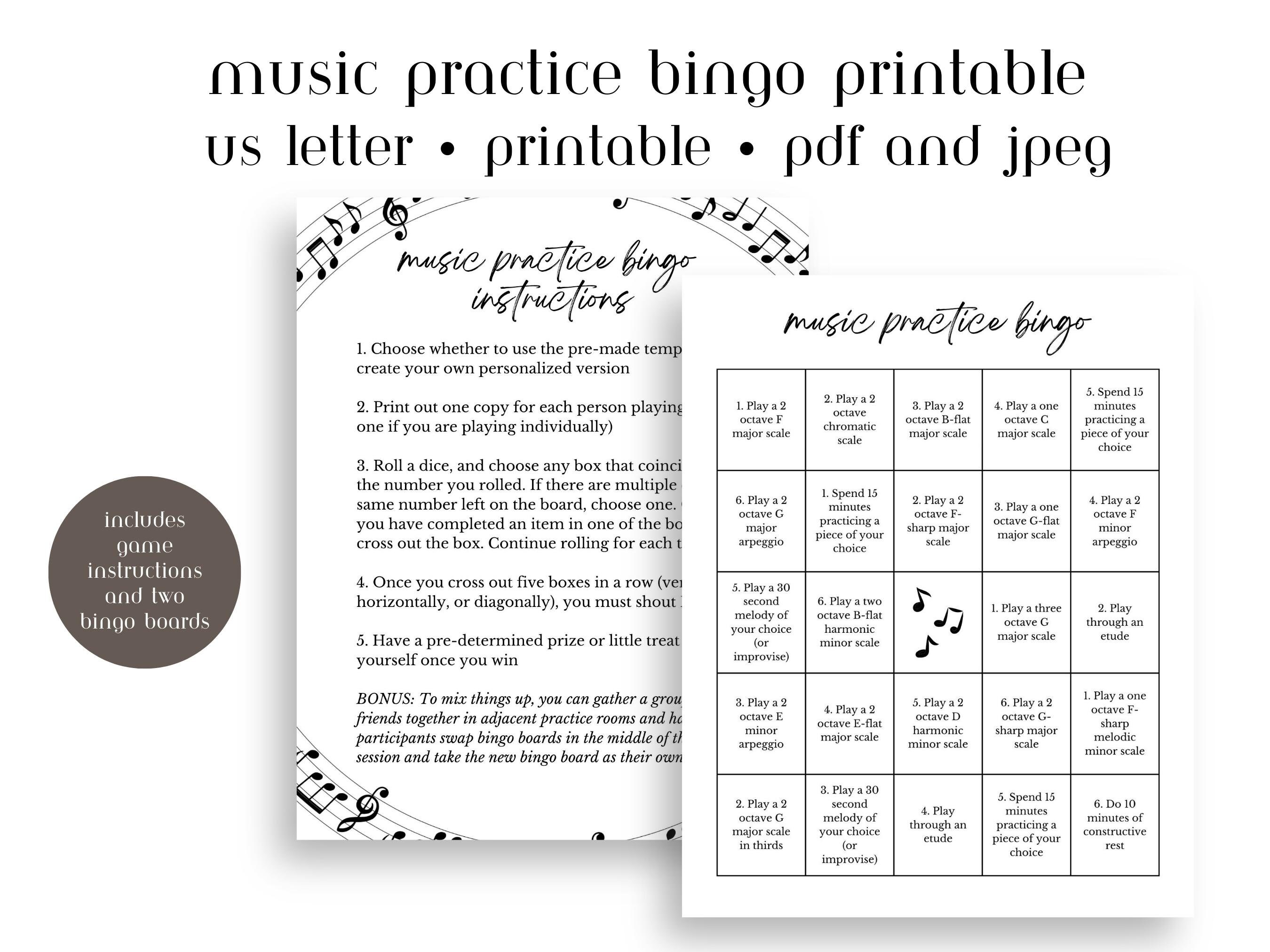 Music Practice Bingo | Printable Bingo Game With Instructions and Pre ...