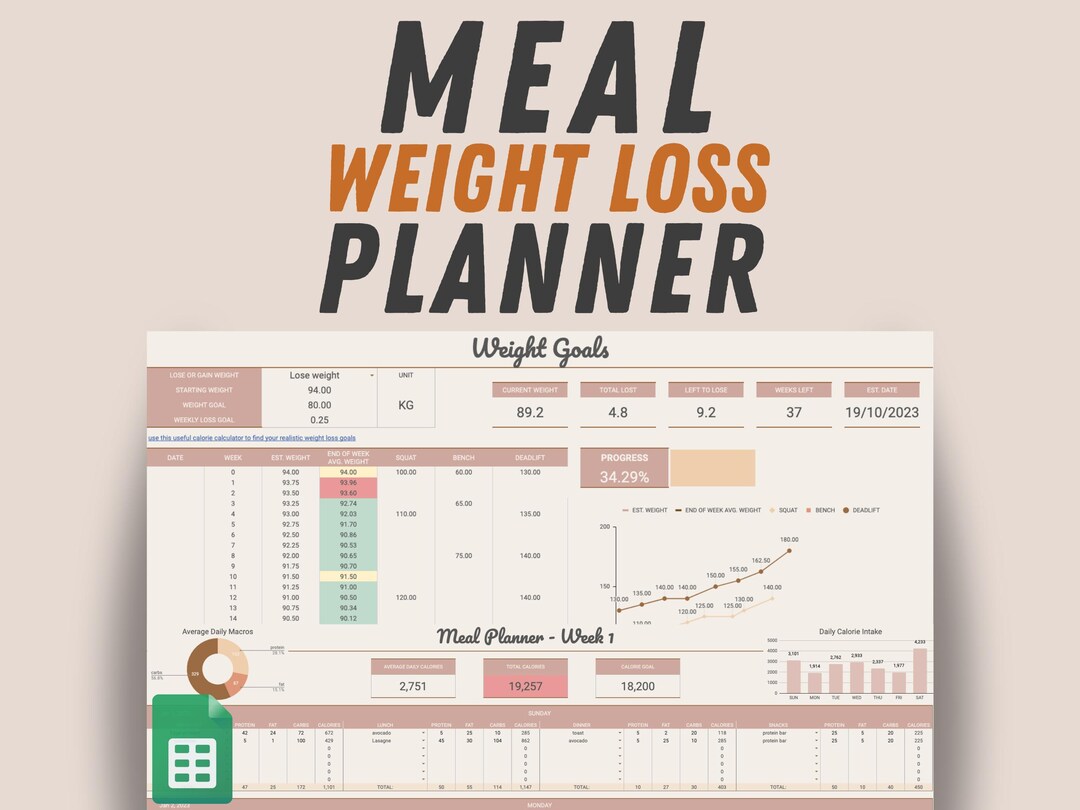Weight Loss Tracker & Digital Meal Planner for Google Sheets, Body ...